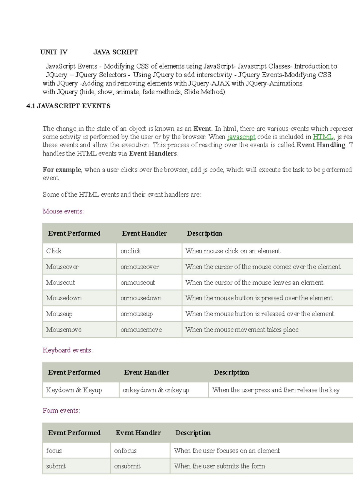 UNIT 4 WEB Design - JavaScript and jQuery Overview for MCA - Studocu