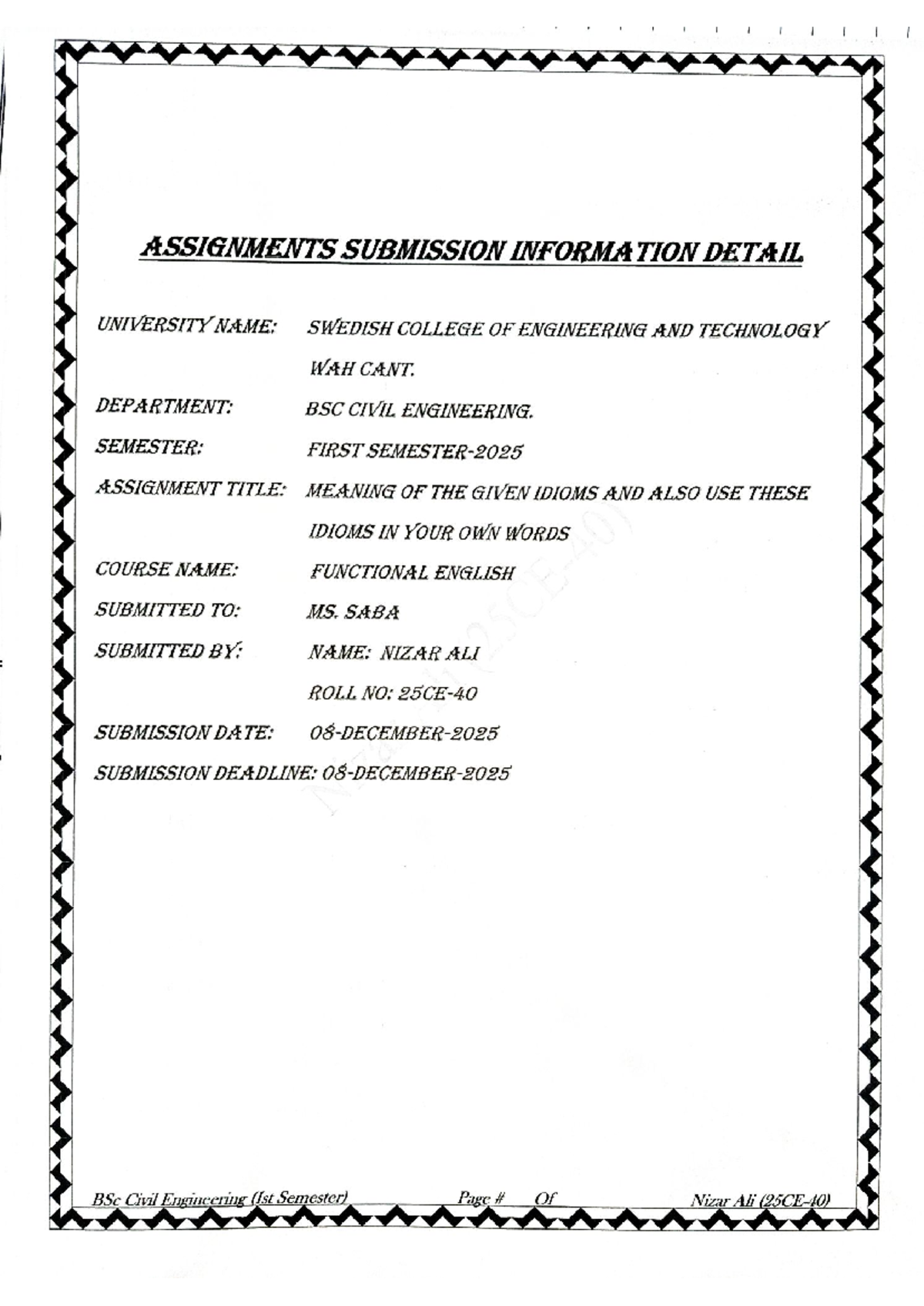 BSc Civil Engineering (1st Sem) Functional English Assignment: Idioms ...
