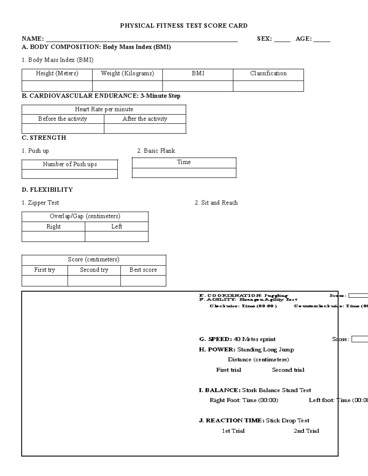 PHYSICAL FITNESS TEST FORMAT: SCORE CARD & MEASUREMENTS - Studocu