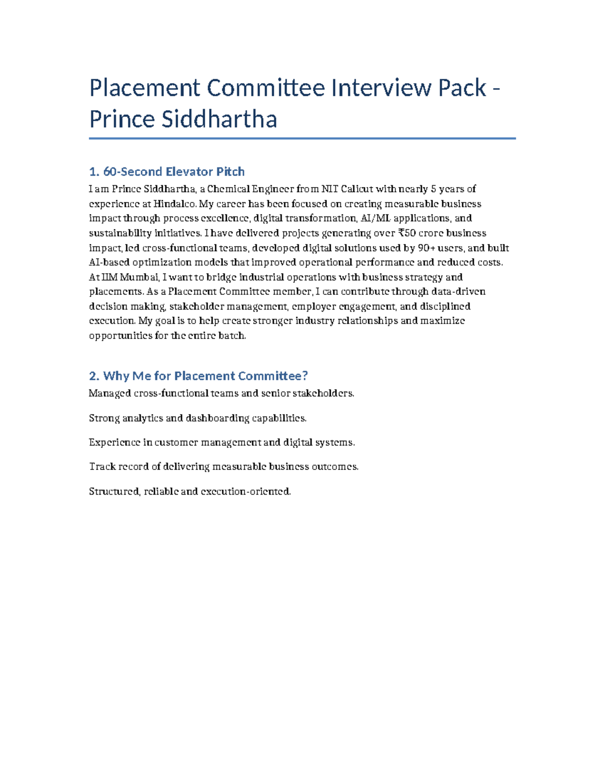 Placement Committee Interview Pack: Prince Siddhartha's Profile - Studocu