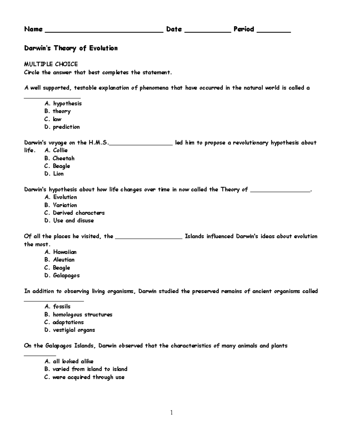 Evolution Review Questions: Theory of Evolution MCQ - Studocu