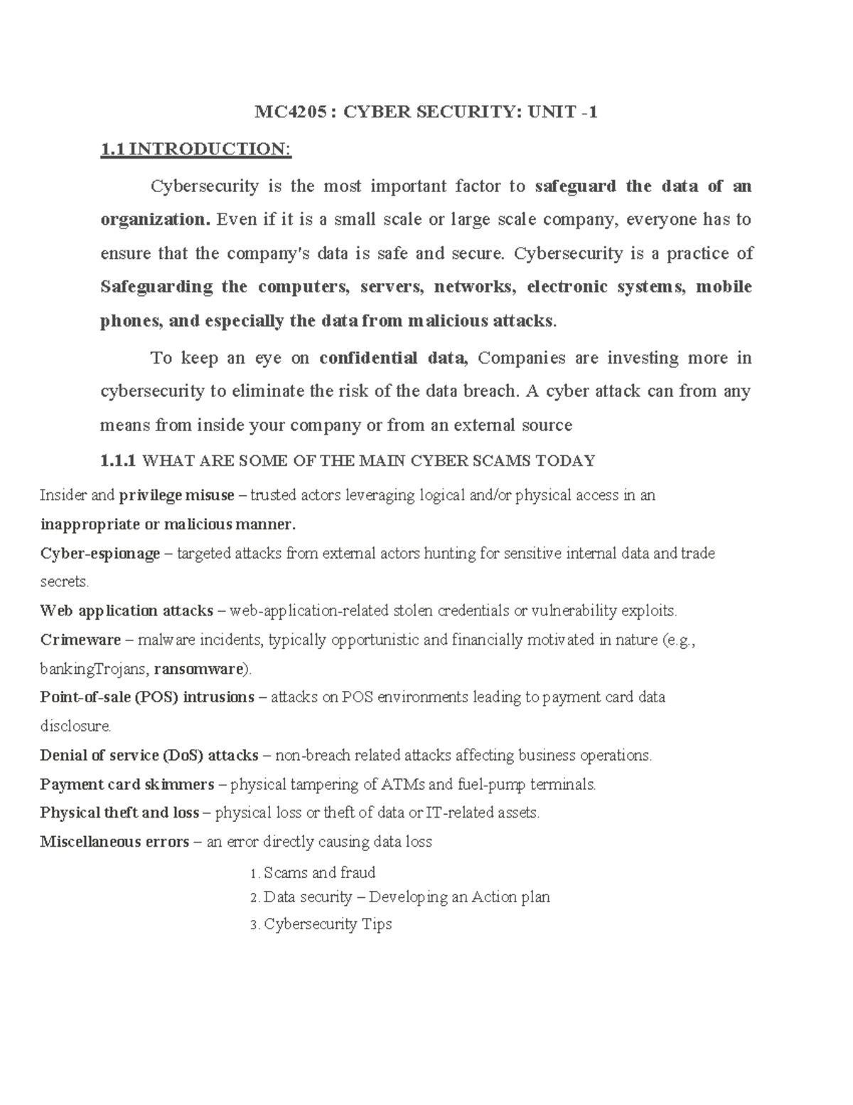 MC4205: Cyber Security Unit 1.1 - Introduction and Key Concepts - Studocu