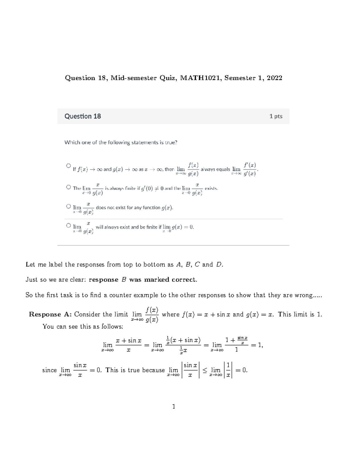Quiz consultation - Question 18, Mid-semester Quiz, MATH1021, Semester ...