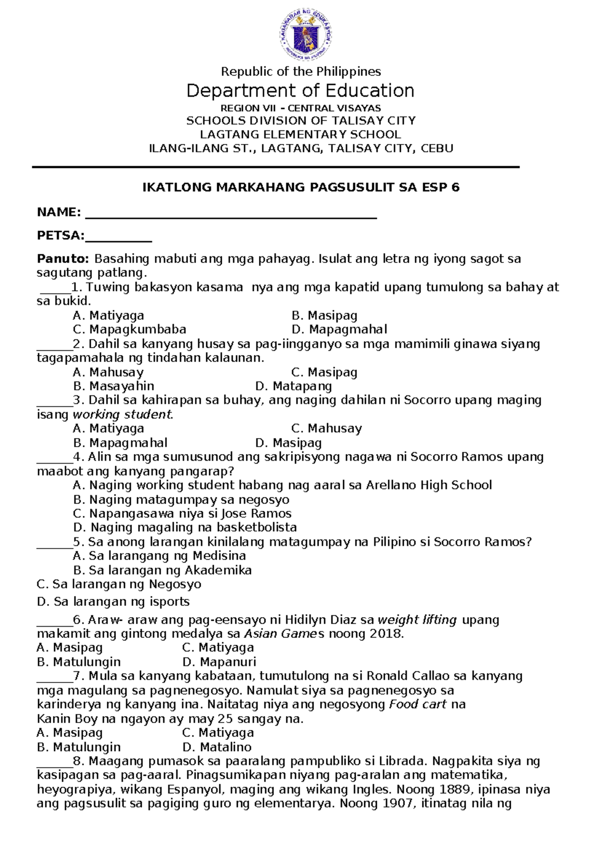 Grade-6-ESP - Sample test papers. - Republic of the Philippines ...