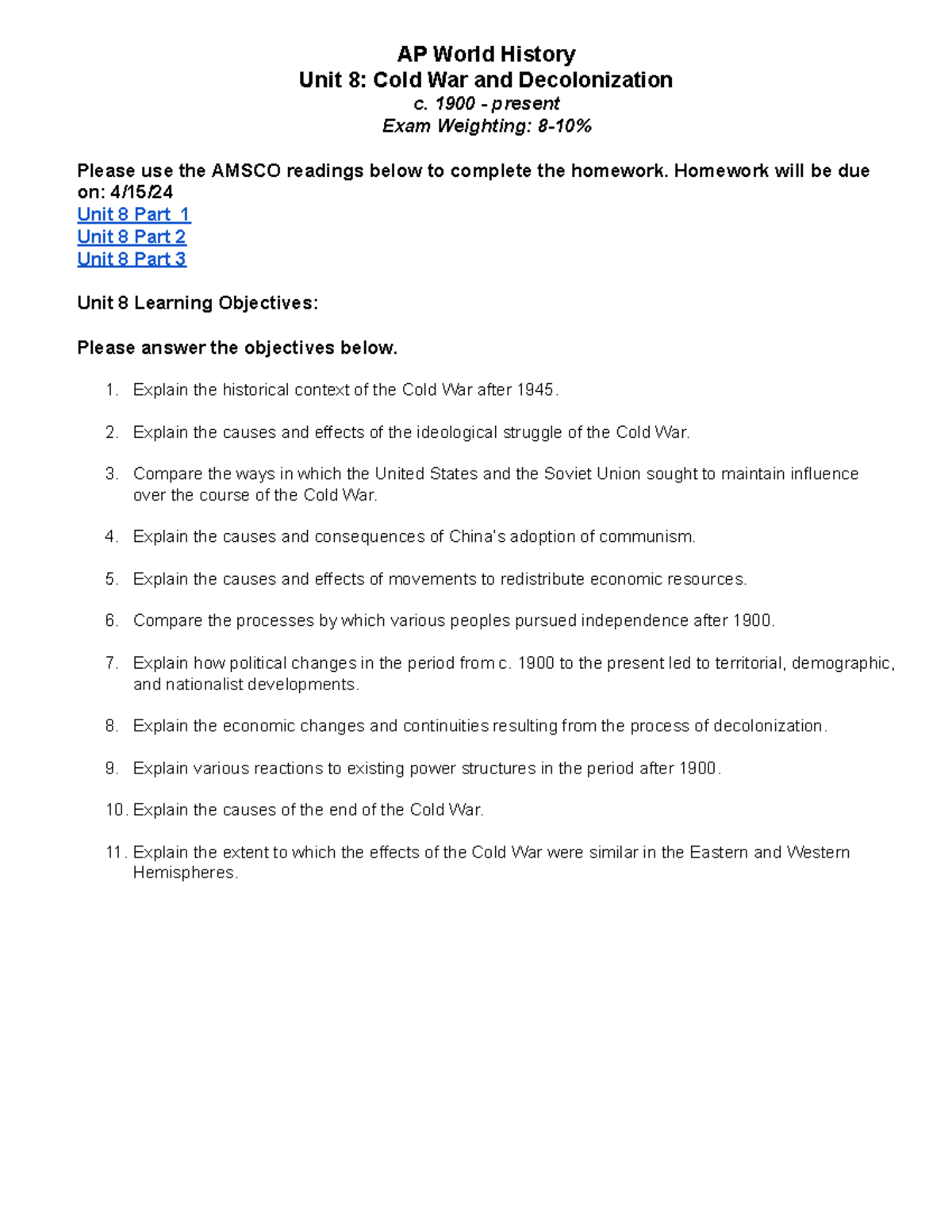 AP World History: Unit 8 HW - Cold War & Decolonization Overview - Studocu
