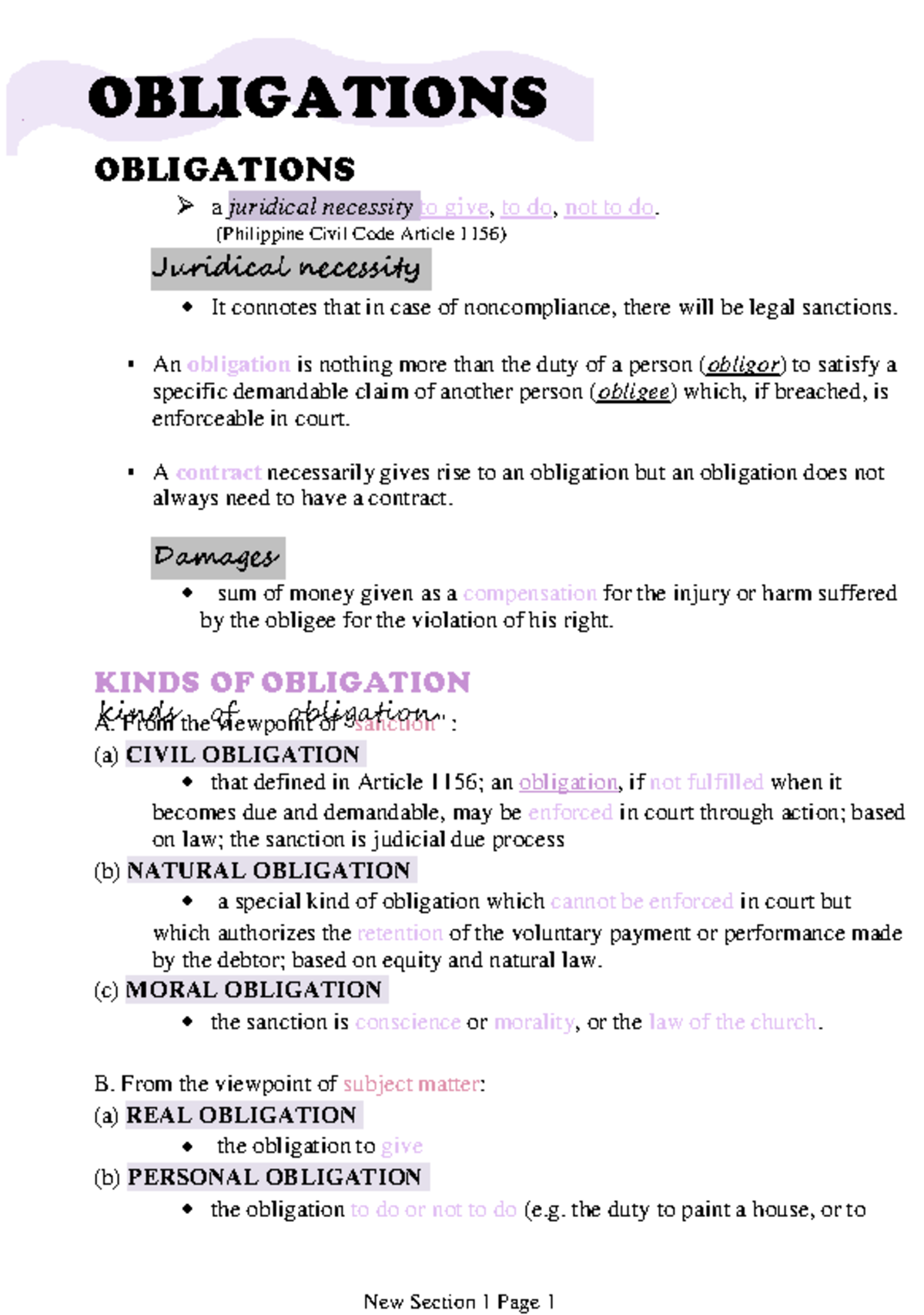 OBLIGATIONS - Comprehensive Notes for Law 101 - Studocu
