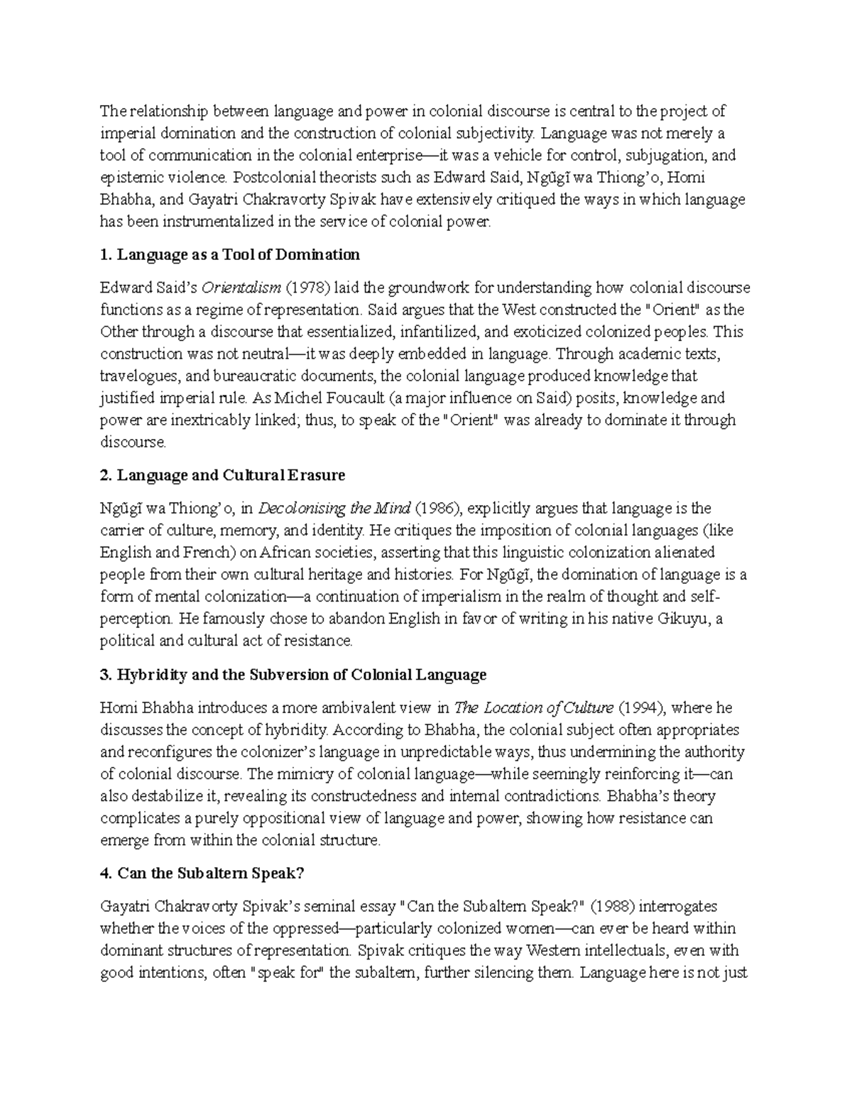 Colonial Discourse: Language and Power Dynamics in Postcolonial Theory ...