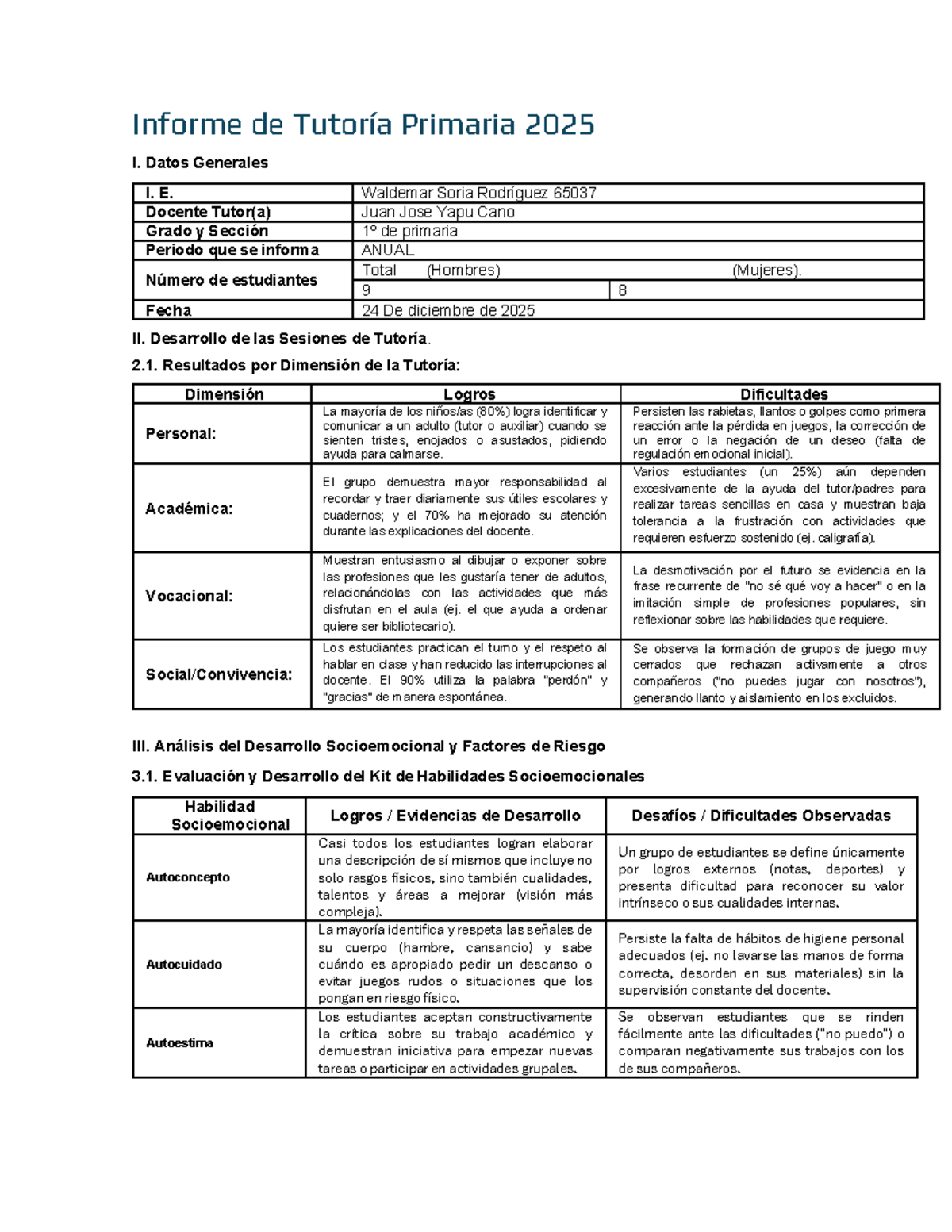 Informe de Tutoría 1º Grado - Juan Yapu 2025 - Studocu