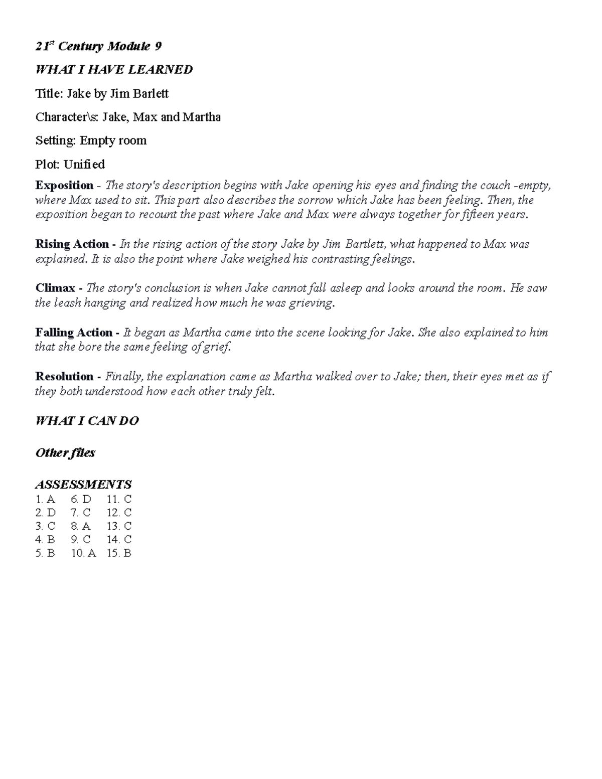 21st Century Literature Q1 - Module 9: Jake by Jim Bartlett Analysis ...