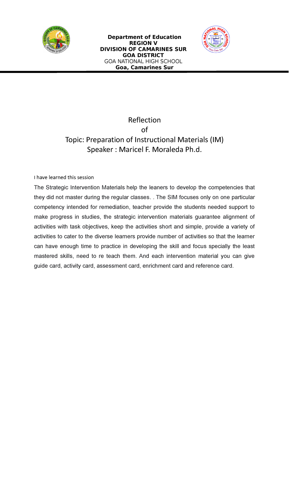 Reflection of day 2 - REGION V DIVISION OF CAMARINES SUR GOA DISTRICT GOA NATIONAL HIGH SCHOOL ...
