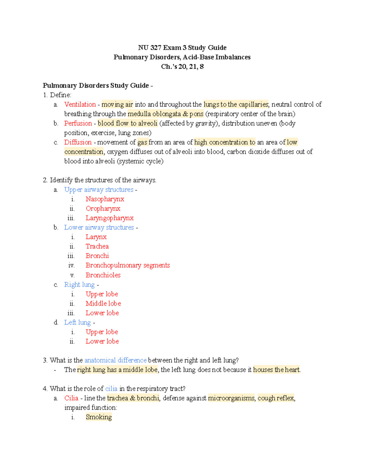 Exam 3 Study Guide - NU 327 Exam 3 Study Guide Pulmonary Disorders ...