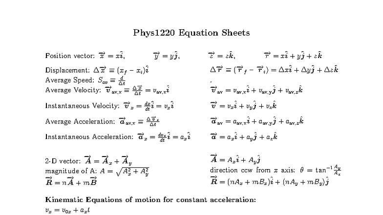 Phys1220 Equation Sheet: Kinematics, Dynamics, and Energy Concepts - Studocu