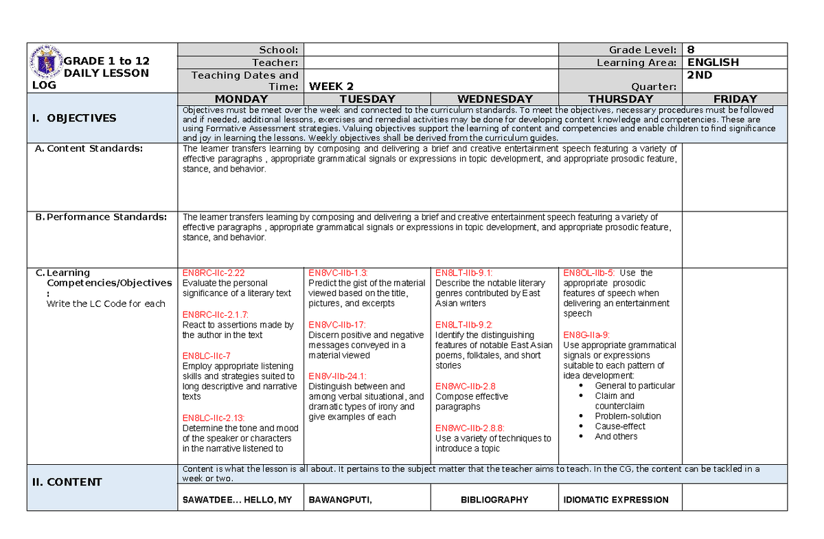 DLL-ENG8-2NDQ-2nd-Week Daily Lesson Plan and Objectives - Studocu