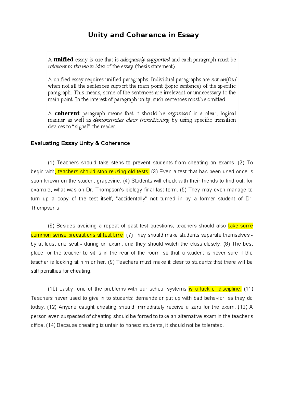 Unity and Coherence in Essay Writing: Key Evaluation Points - Studocu