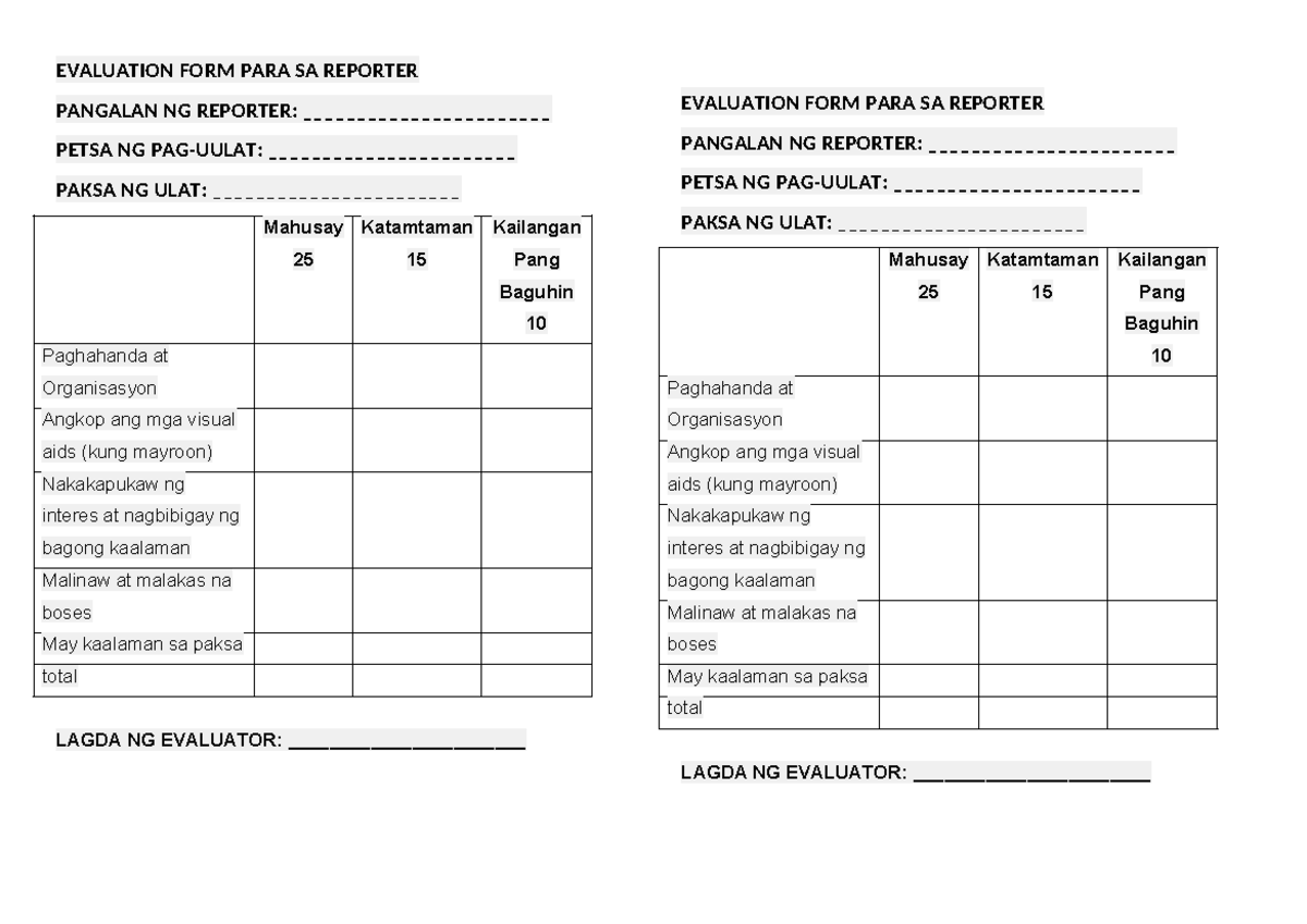 EVAL FORM PARA SA REPORTER: Pagsusuri at Paghahalaga - Studocu