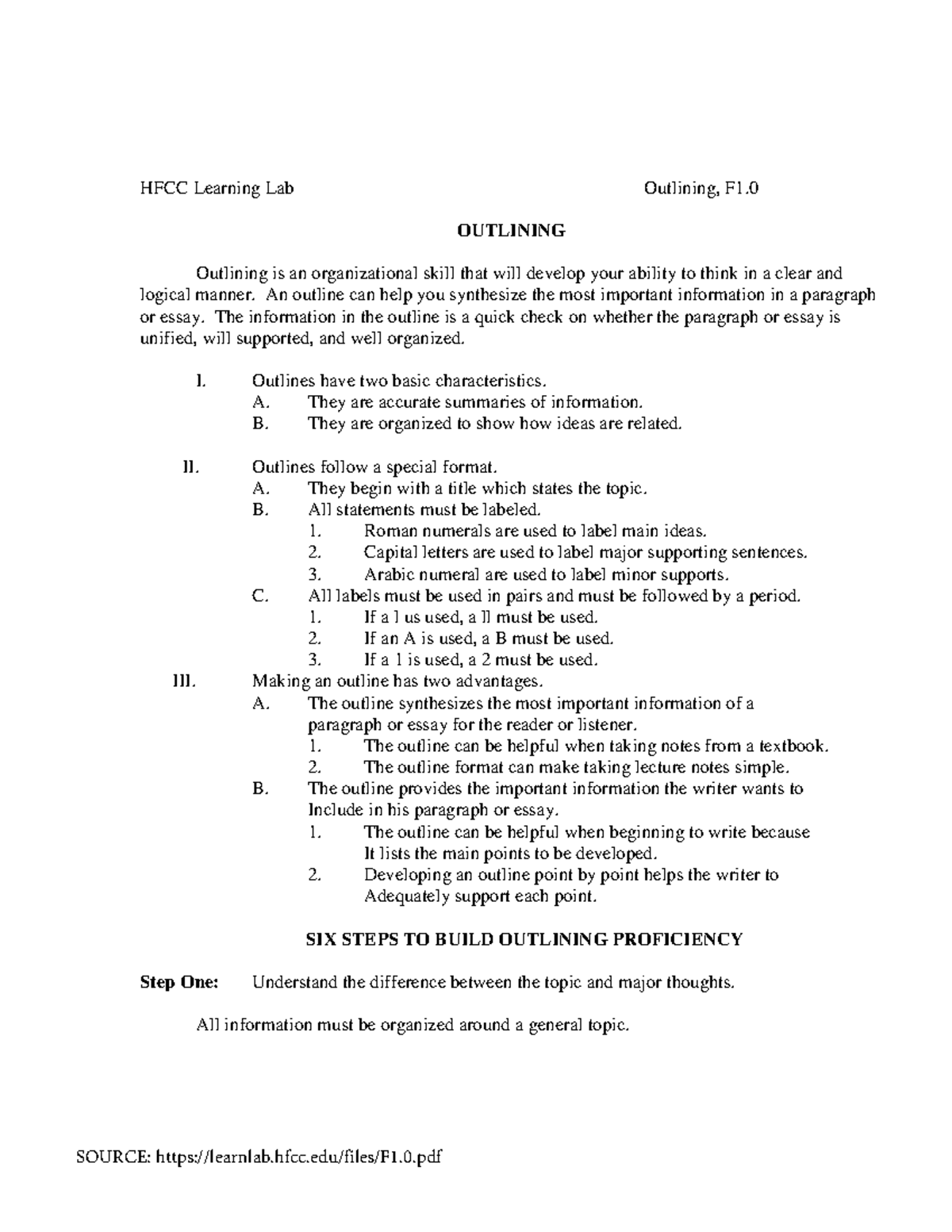 WEST-B Reading 06 Outlining Exercises - HFCC Learning Lab Outlining, F1 ...