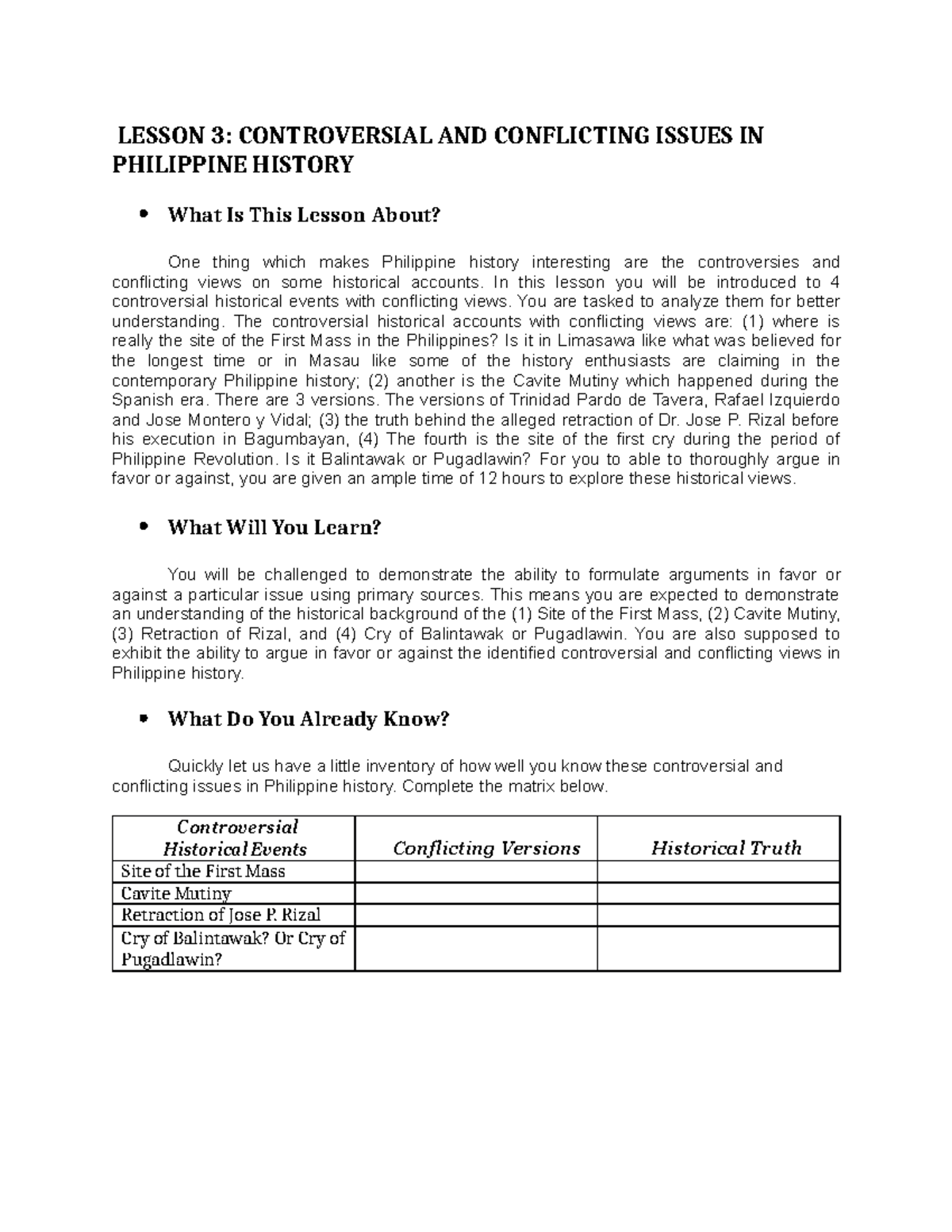 Lesson 3: Analyzing Controversial Issues in Philippine History - Studocu