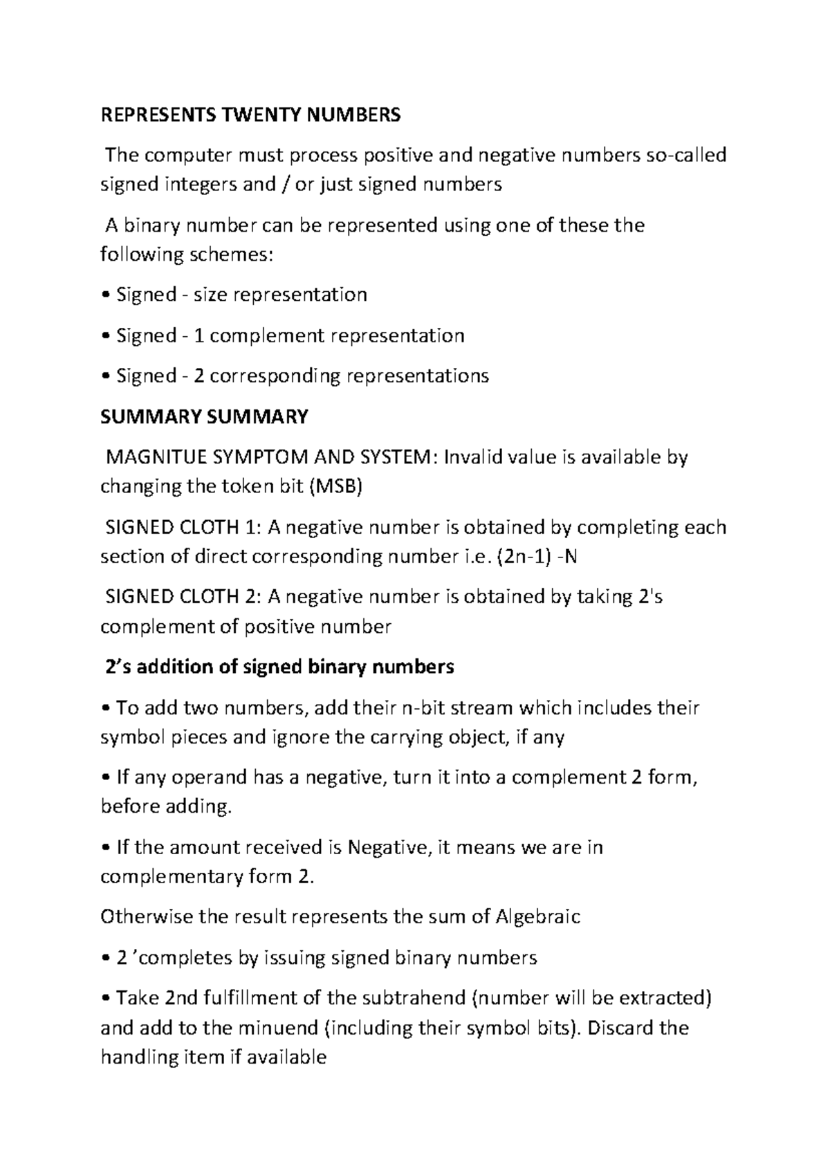 Addition and Subtraction of Unsigned Numbers - CS101 Lecture Notes ...