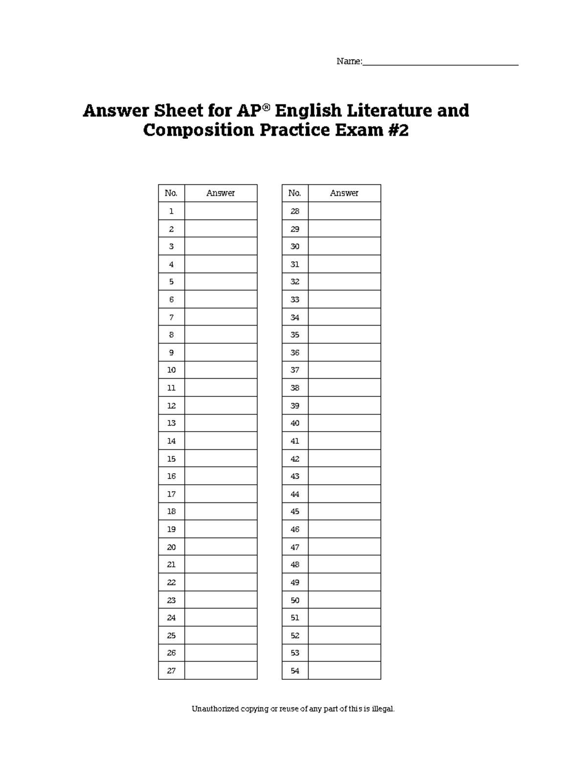 AP LIT Practice Exam No. 2 Answer Sheet and Questions - Studocu
