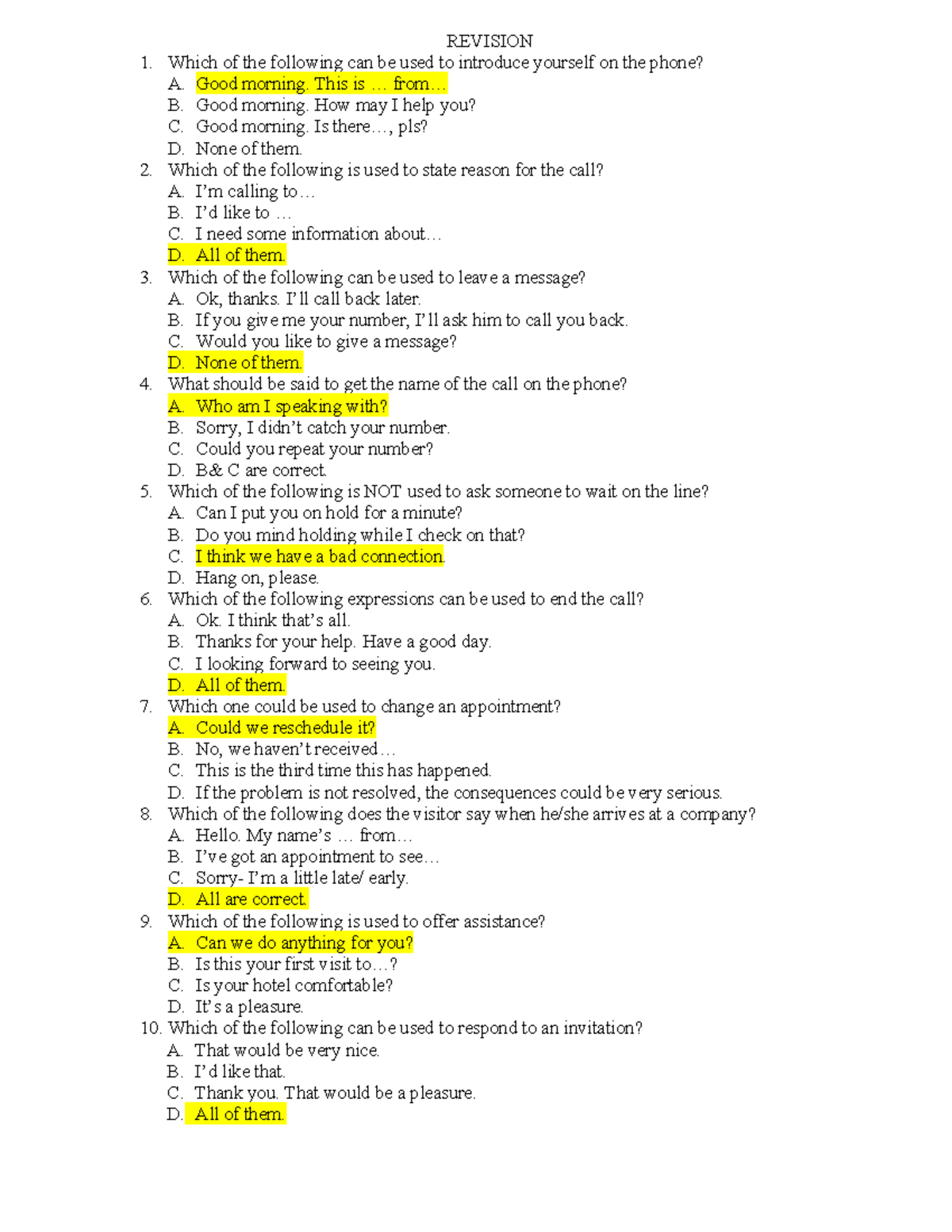 Revision for Business English 2: Phone Communication Skills - Studocu