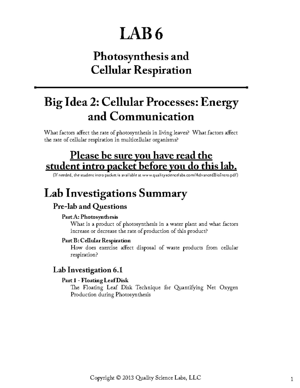 AP Bio APEX Lab 6: Photosynthesis & Cellular Respiration Practice - Studocu