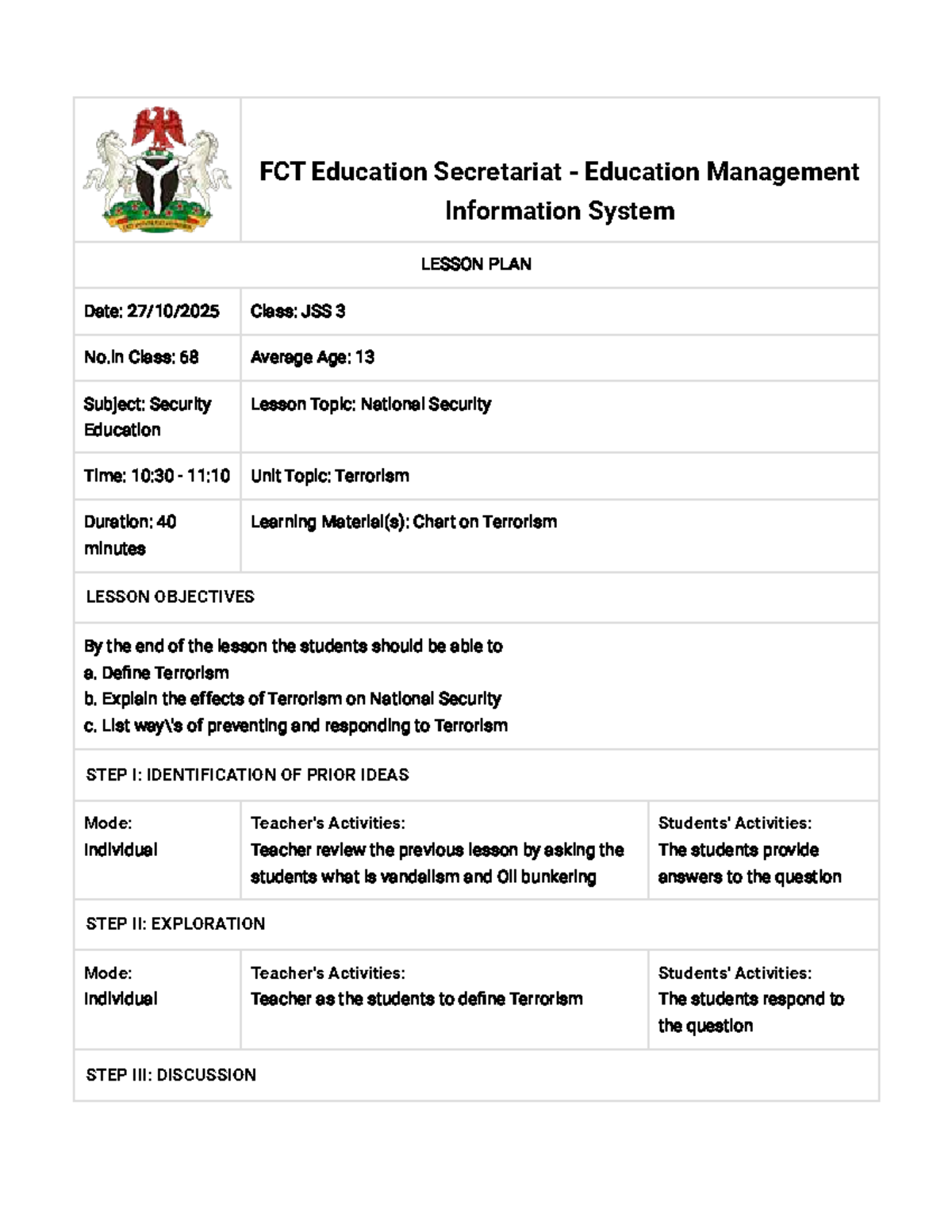 FCT Education Secretariat JSS 3 Security Lesson Plan on Terrorism - Studocu