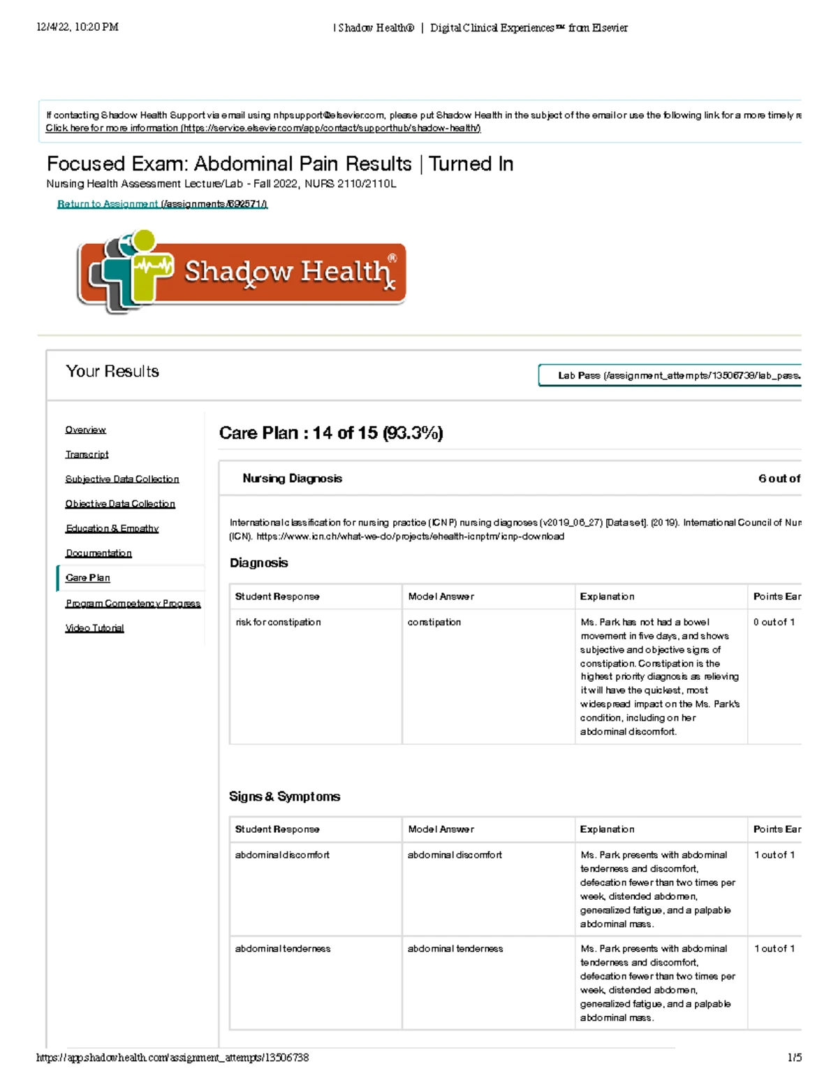 Shadow Health Focused-Abdominal Pain Esther Care Plan - Focused Exam ...