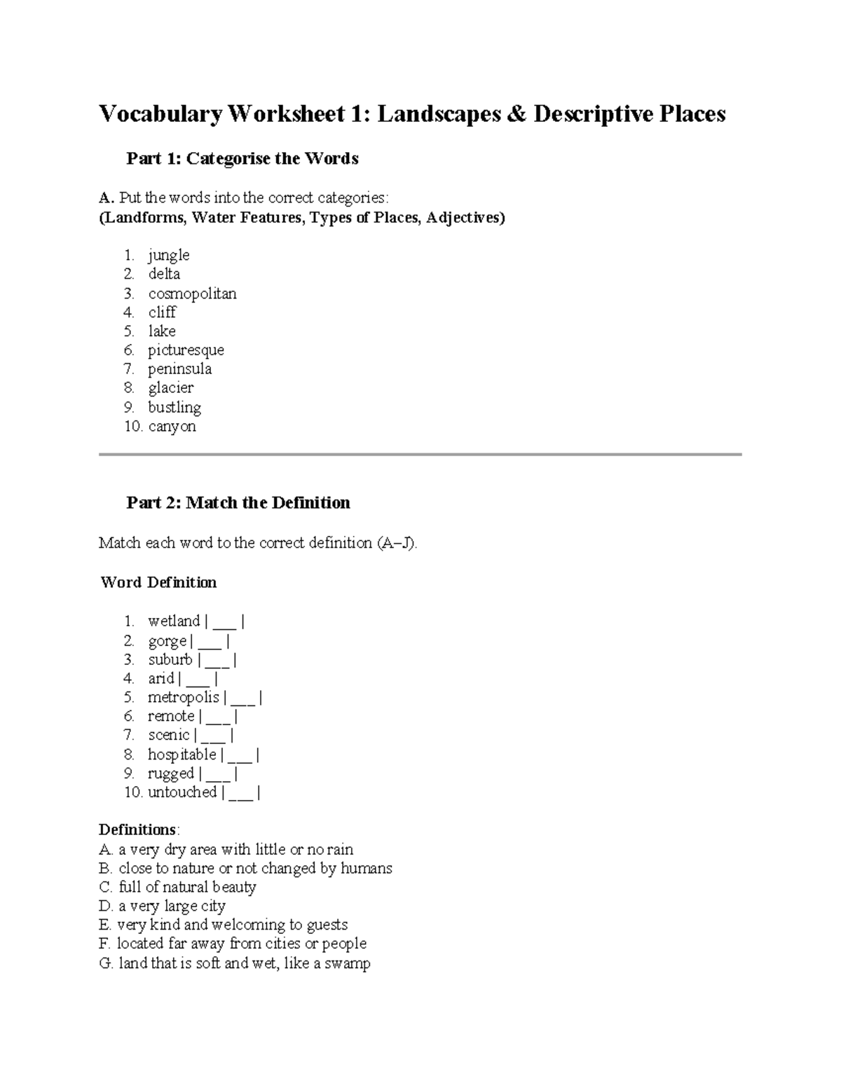 Vocabulary Worksheet 1: Landscapes & Descriptive Places Activities ...