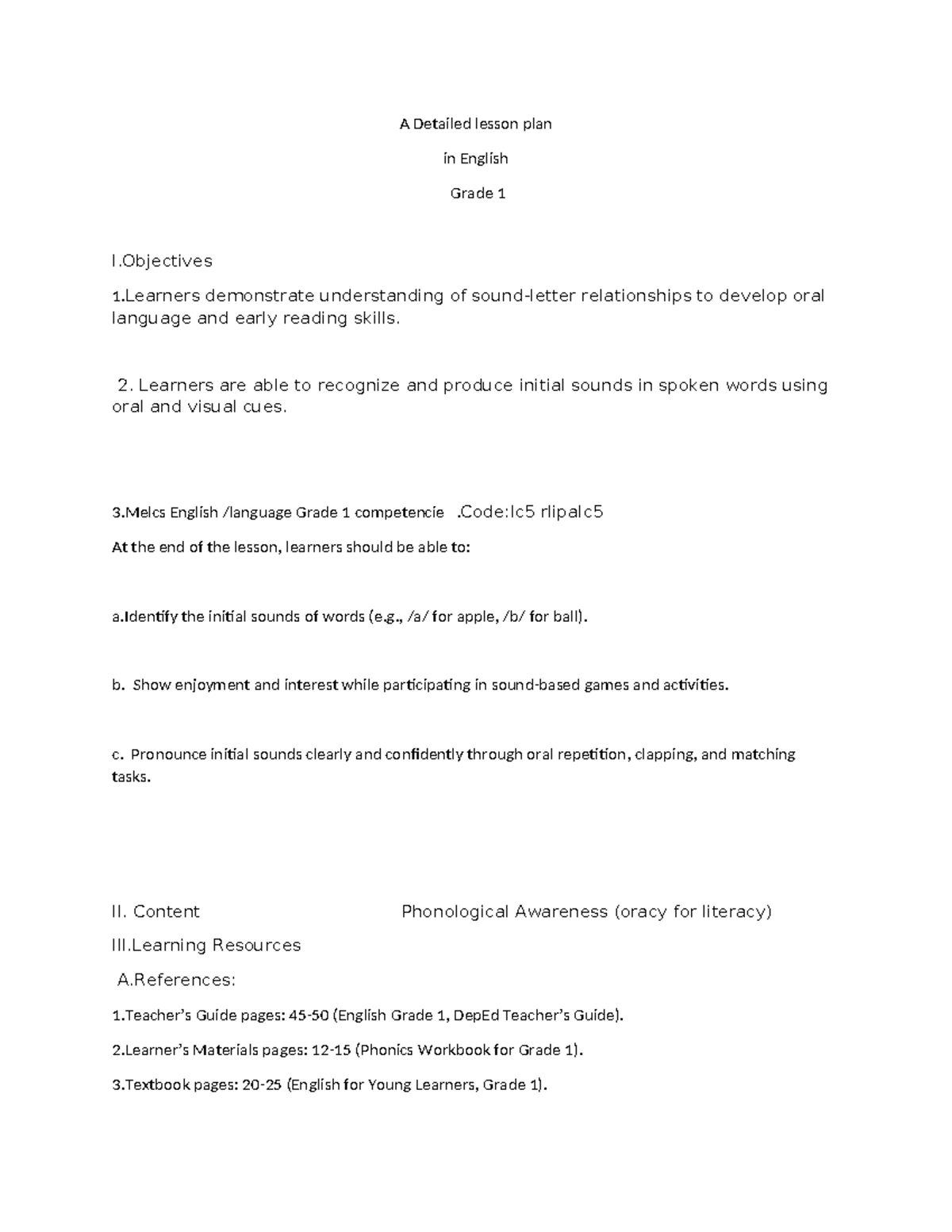 Lesson Plan: Phonological Awareness for English Grade 1 (Code: LC5 ...