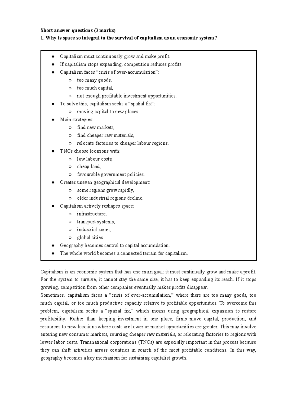 Short Answer Questions on Capitalism and Geography - EG - Studocu