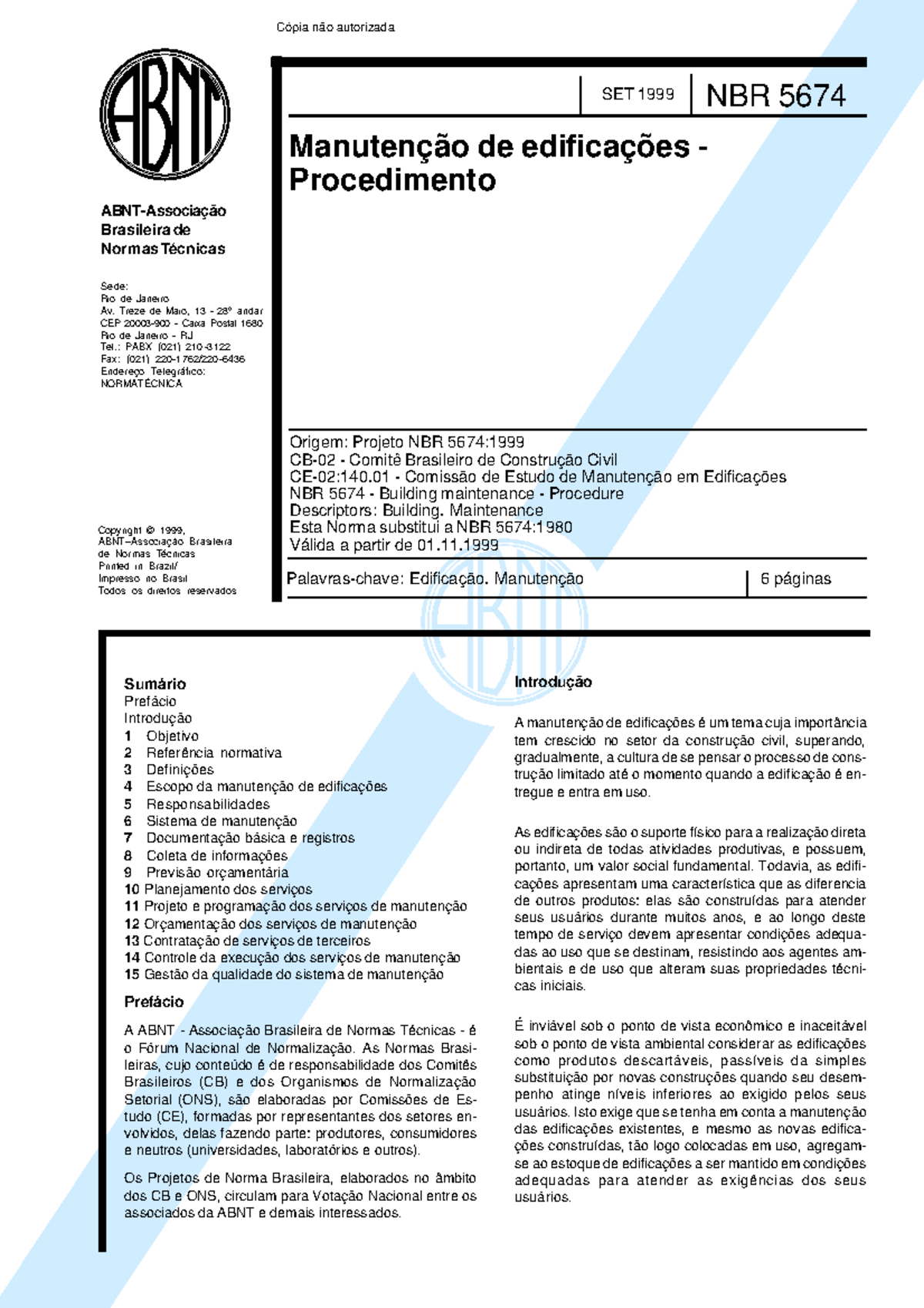 NBR 5674:1999 - Procedimentos para Manutenção de Edificações - Studocu
