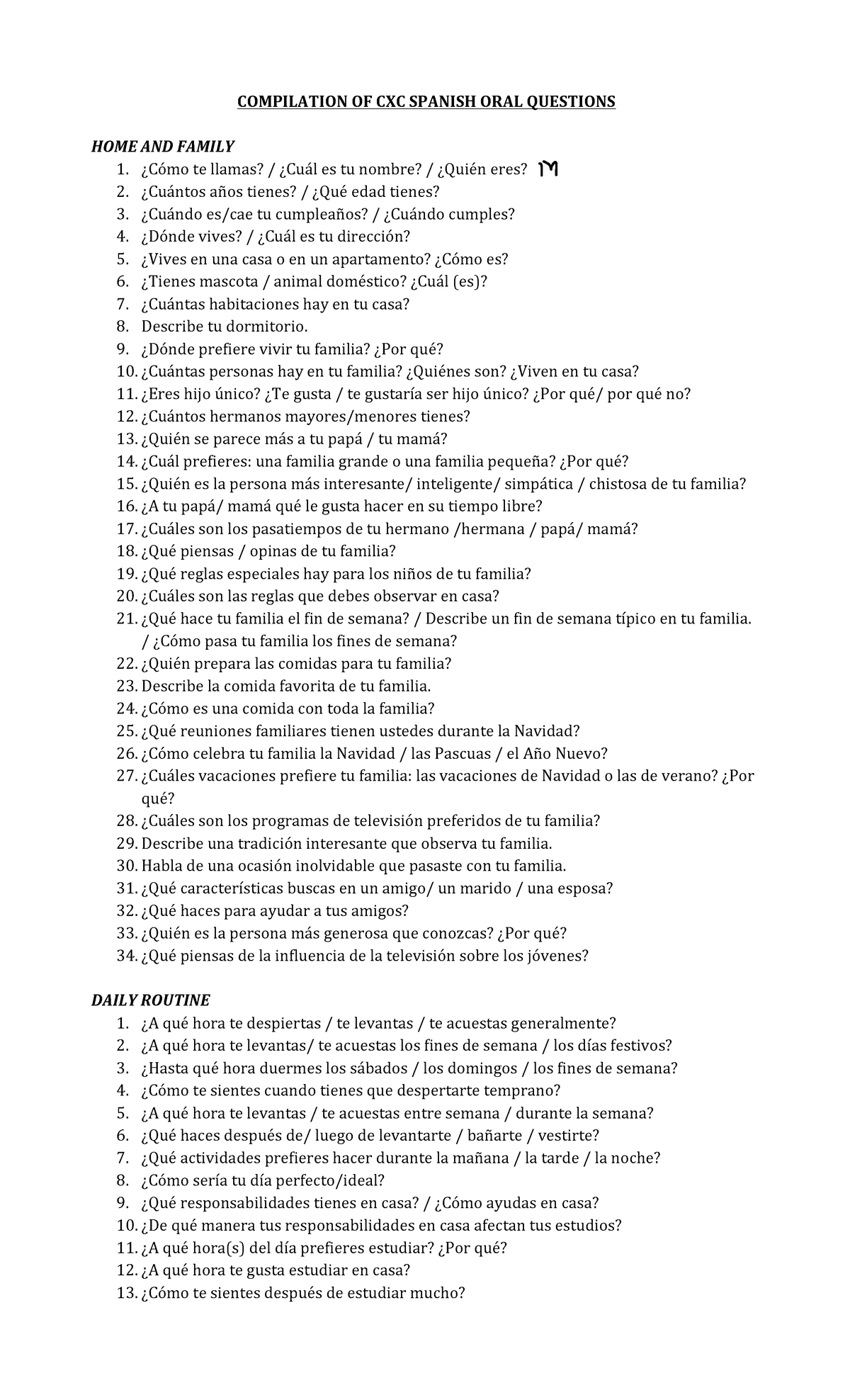 CXC Spanish Oral Questions Compilation: Home, Routine, & Travel - Studocu
