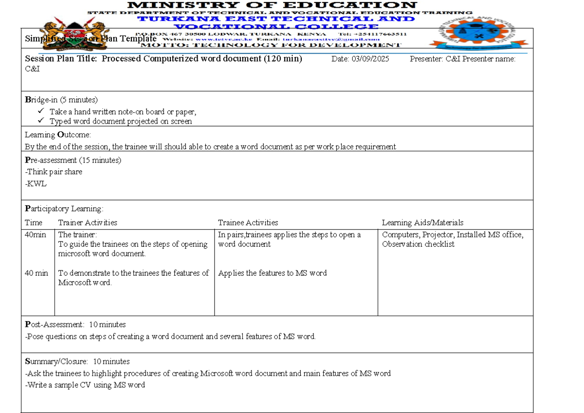 Session Plan Template: BOPPPS for MS Word Training (120 min) - Studocu