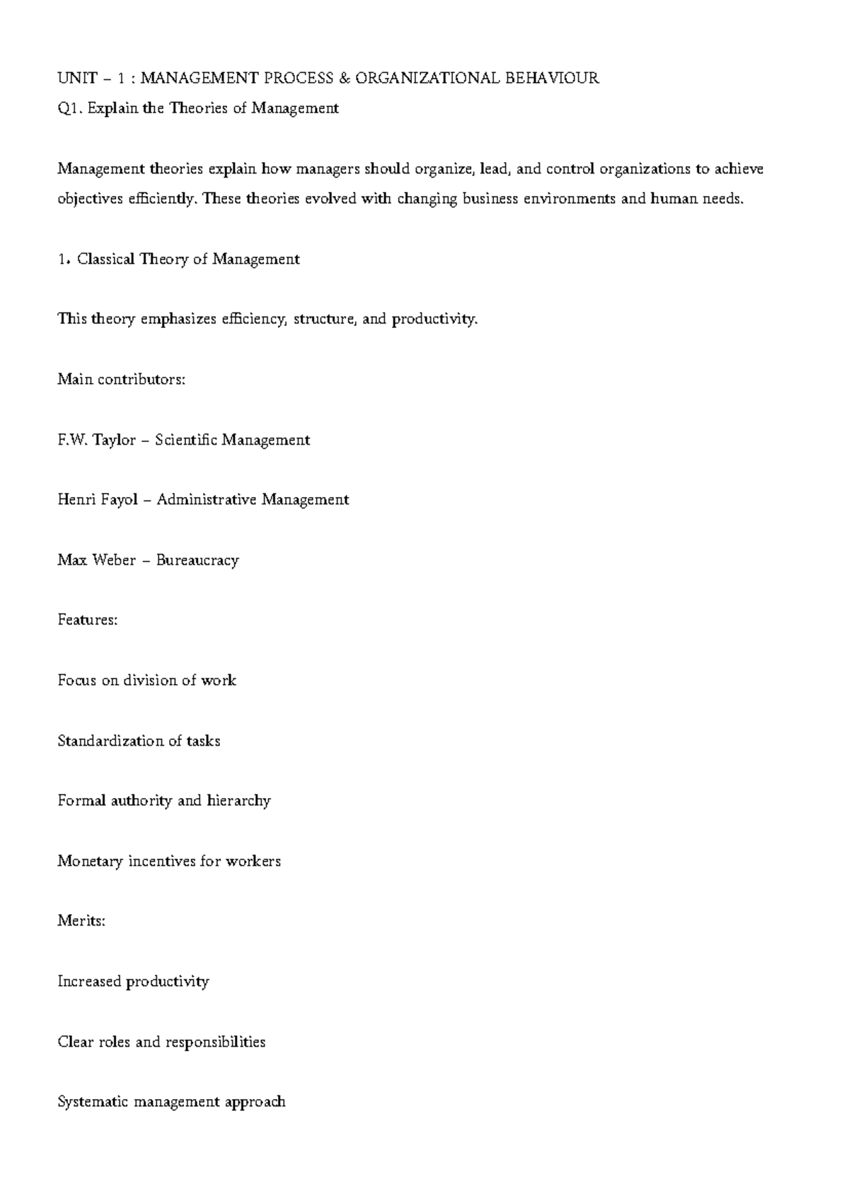 UNIT 1: MANAGEMENT PROCESS & ORGANIZATIONAL BEHAVIOUR - Key Concepts ...