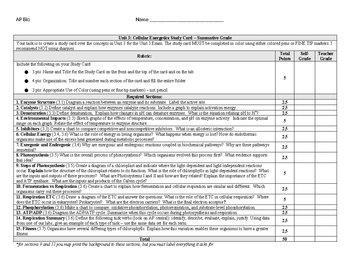 AP Bio - Unit 3 Cellular Energetics Study Card for Exam Preparation ...