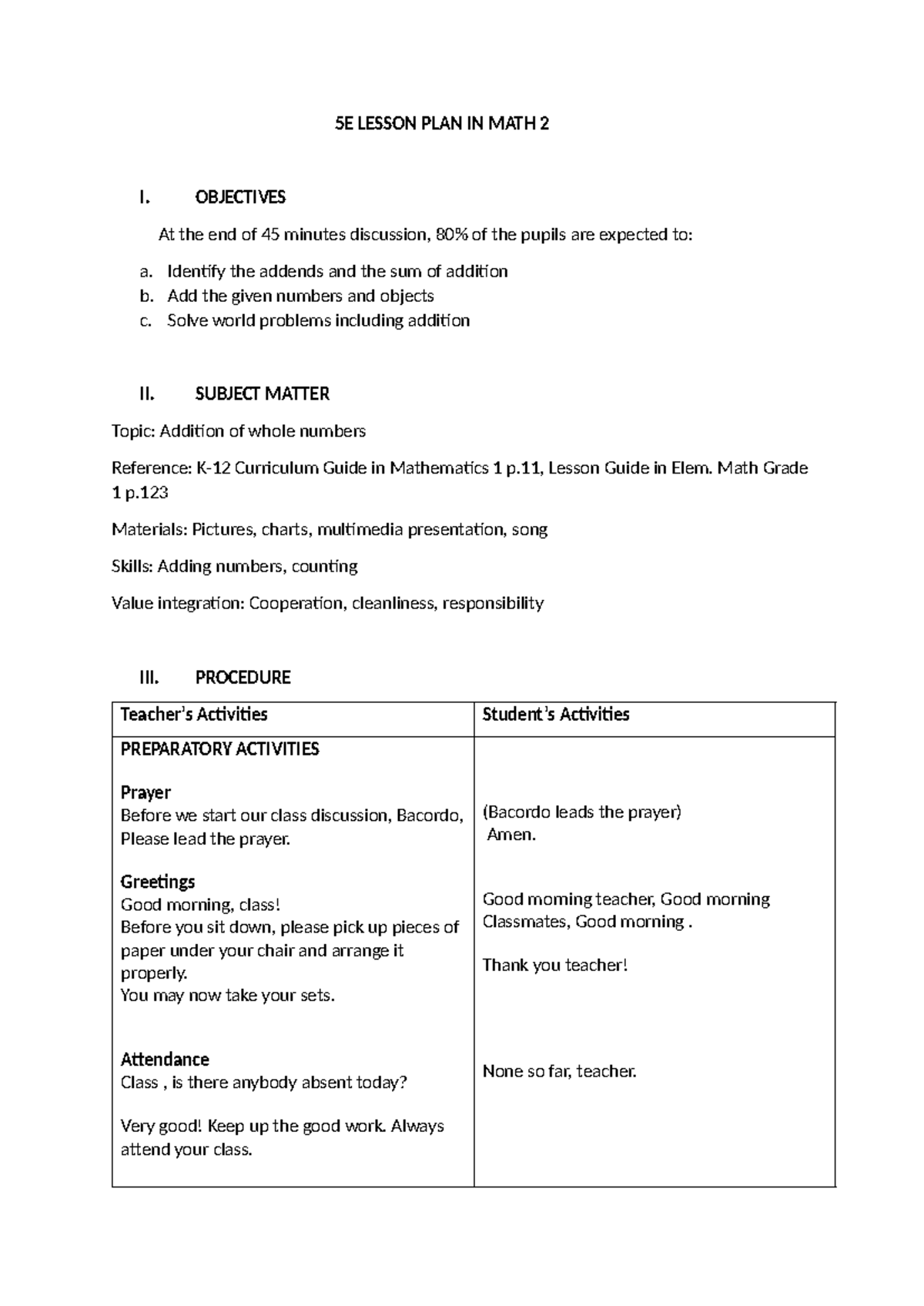5E LESSON PLAN: ADDITION IN MATH 2 - Studocu