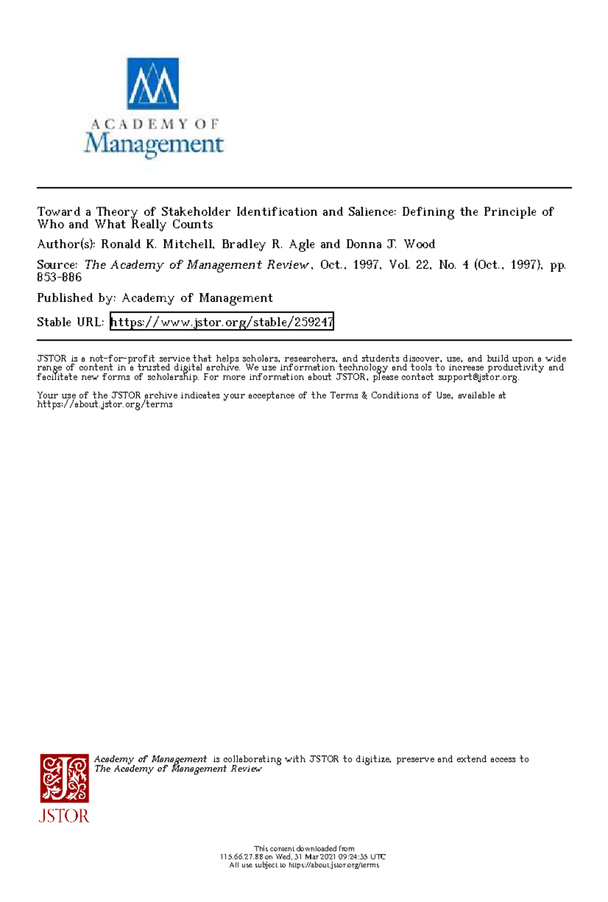 Mitchell et al 1997 - Theory of Stakeholder Identification & Salience ...