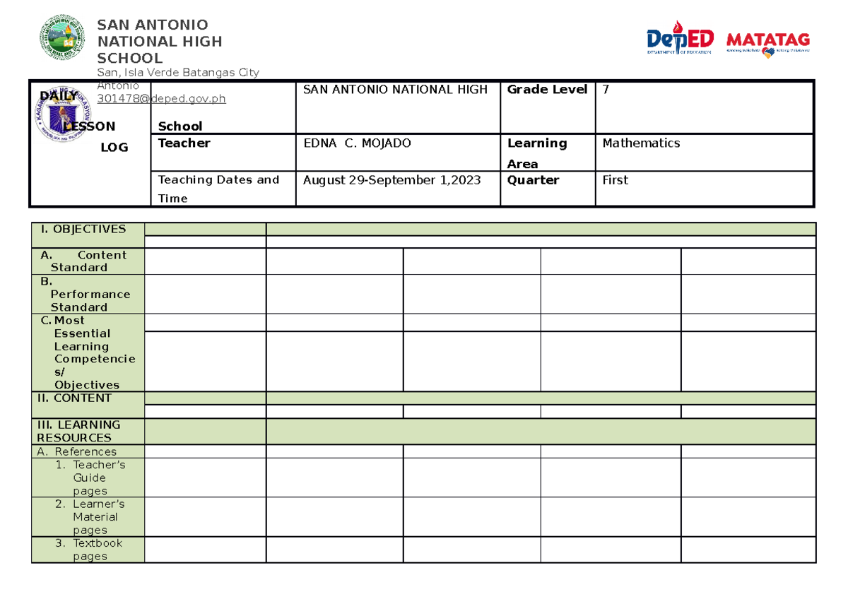 Template-dll - Daily Lesson Log Template - DAILY LESSON LOG School SAN ...