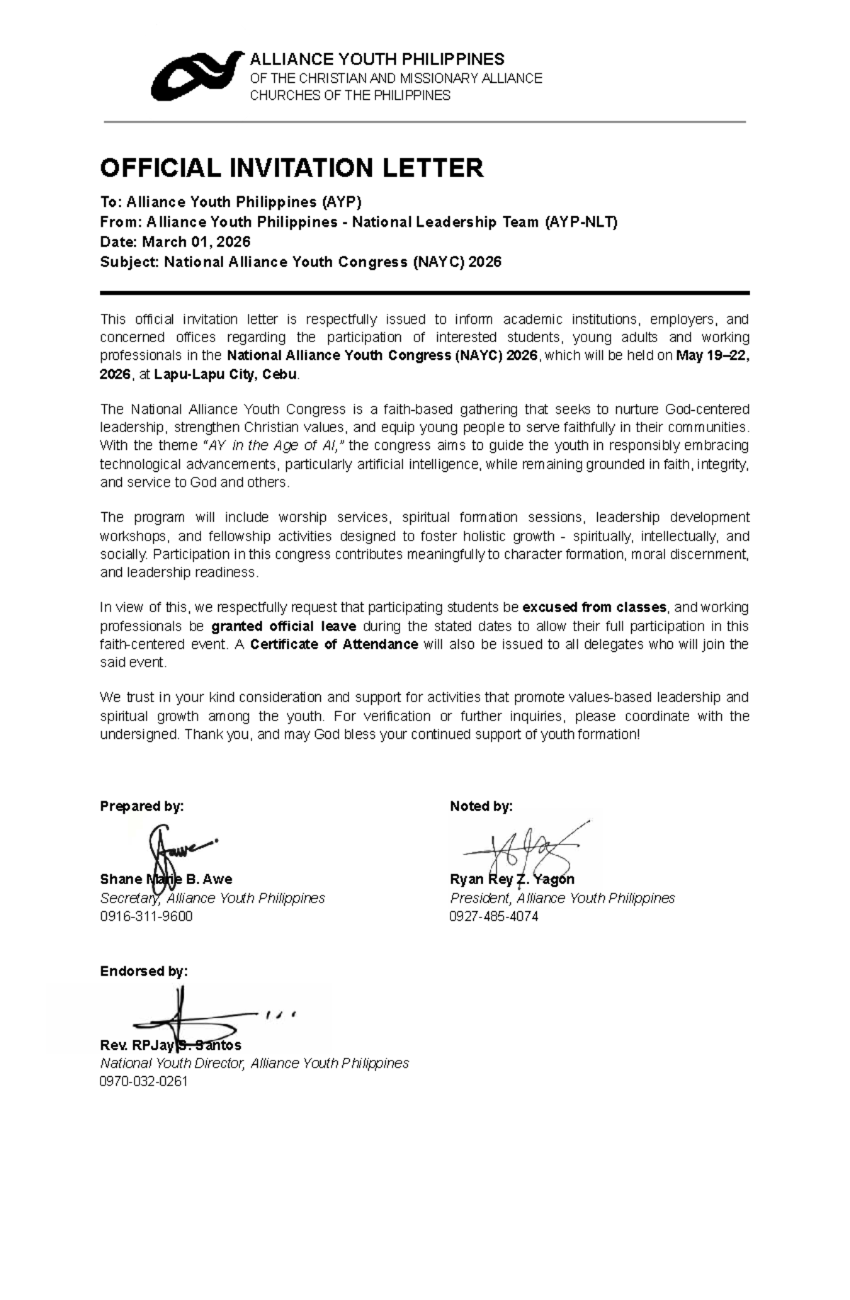NAYC 2026 Official Invitation Letter for Alliance Youth Participation ...