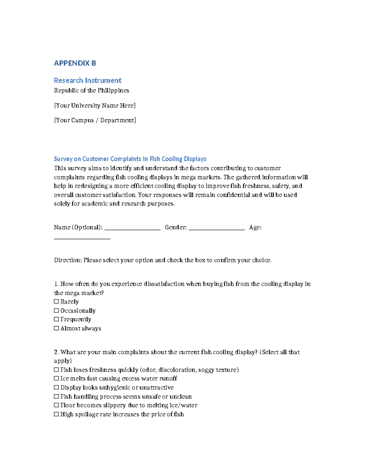 APPENDIX B: Survey on Customer Complaints in Fish Cooling Displays ...