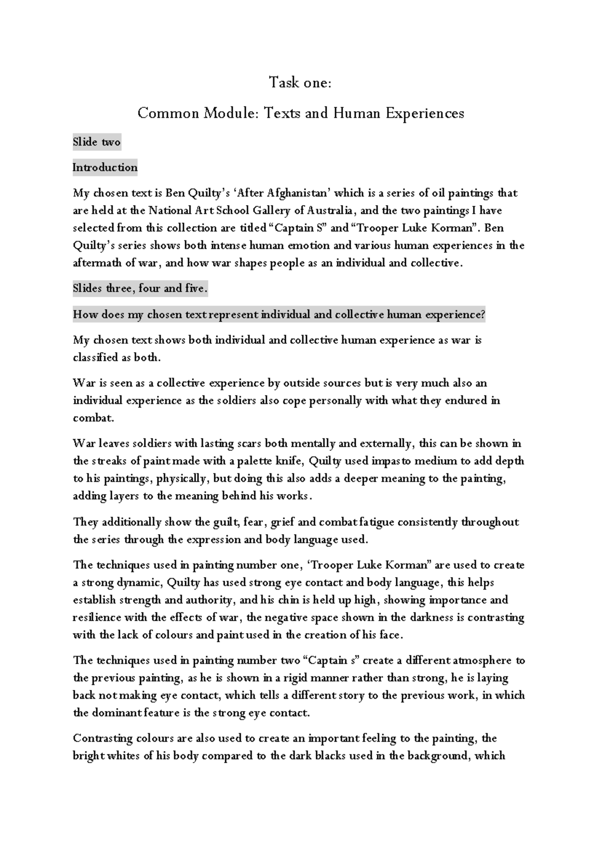 English assignment - speech - Task one: Common Module: Texts and Human ...