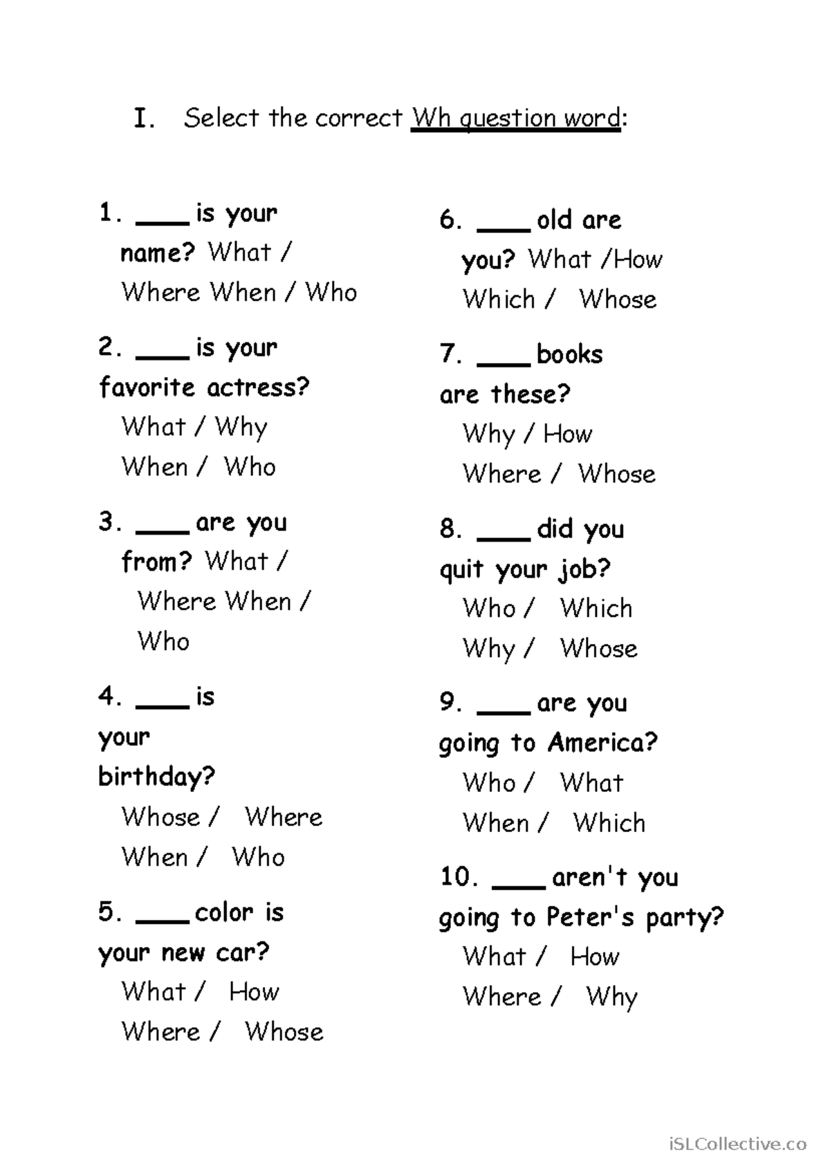 Wh Question Words Exercises for ESL Students - Studocu