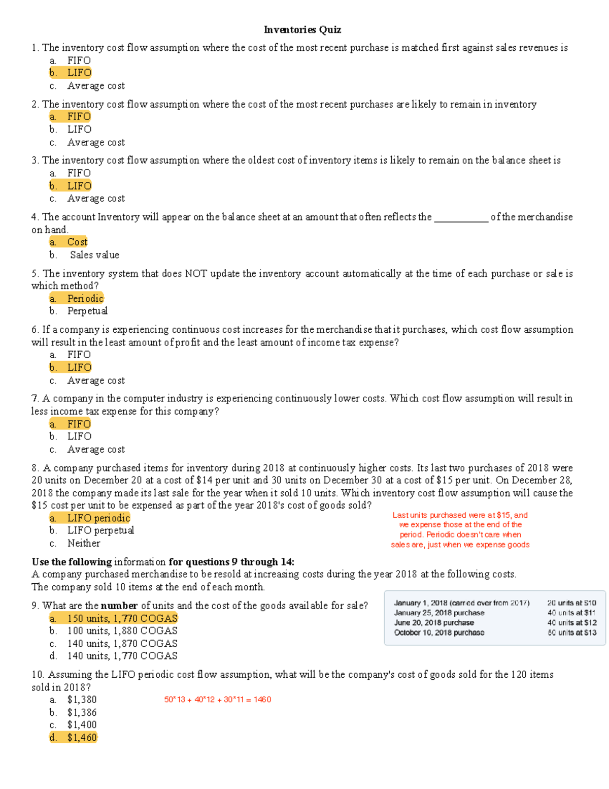 Inventories quiz - Practice test - Inventories Quiz The inventory cost ...