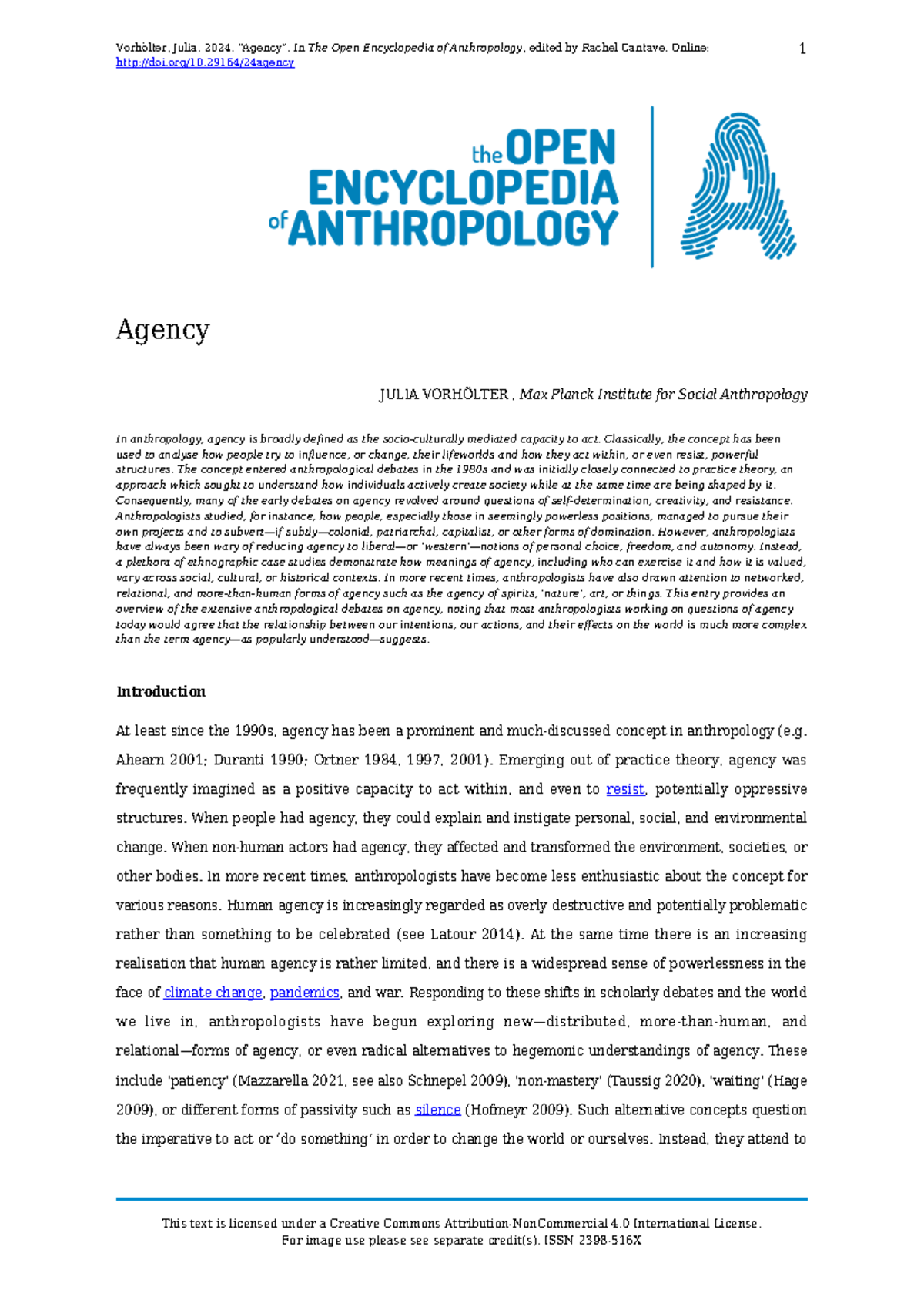 Julia Vorhölter. 2024. Agency in Anthropology: Key Concepts and Debates ...