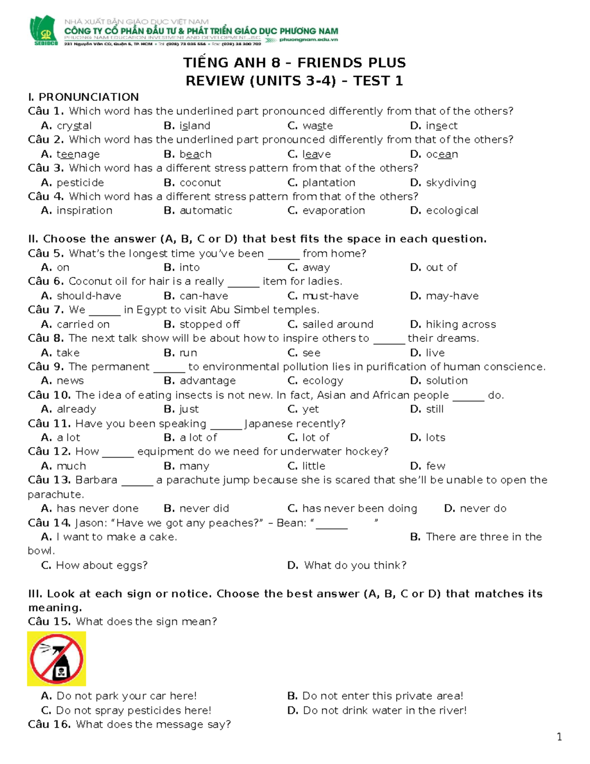 TIẾNG ANH 8 FRIENDS PLUS - REVIEW UNITS 3 & 4 (TEST 1) - Studocu