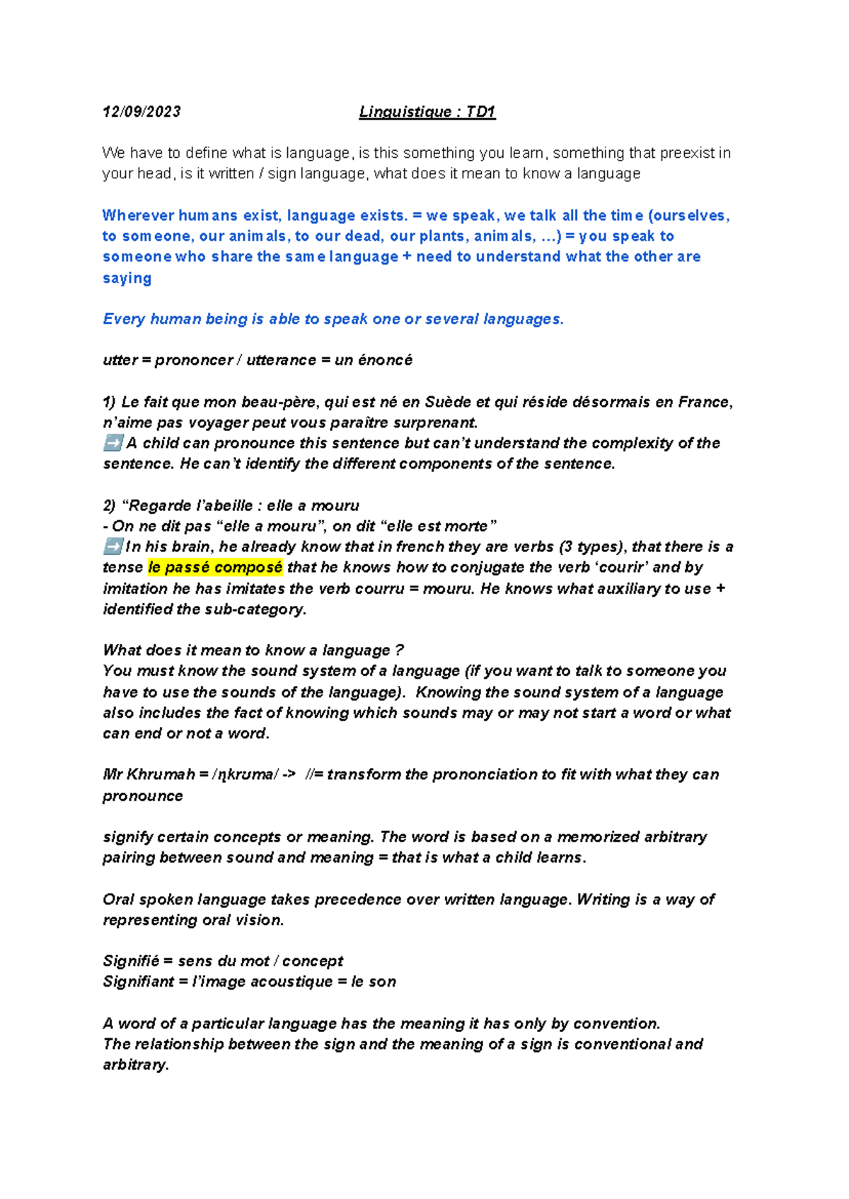 Linguistique TD S3 - 12/09/2023 Linguistique : TD We have to define ...