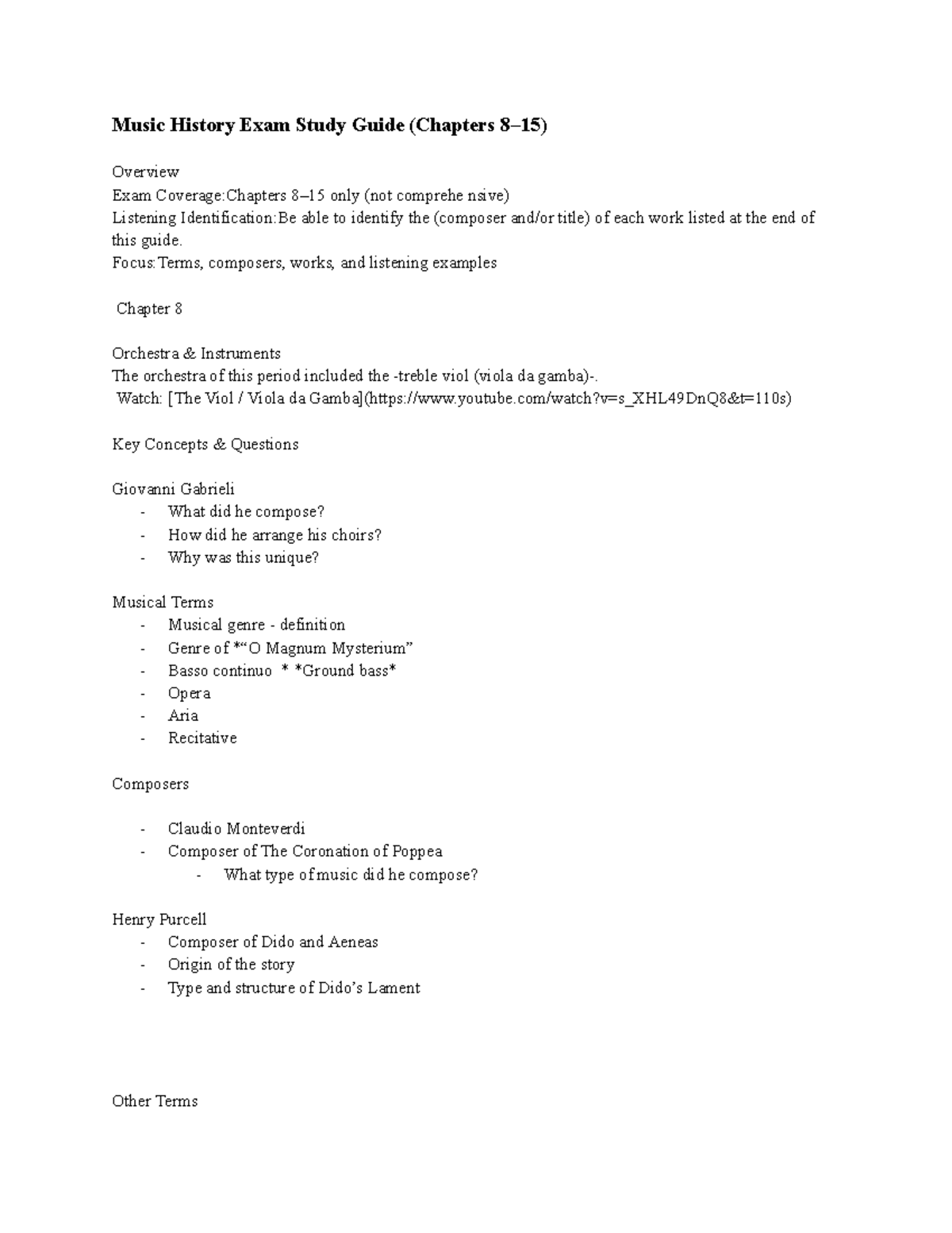 Music History Exam Study Guide (Chapters 8-15 Overview) - Studocu