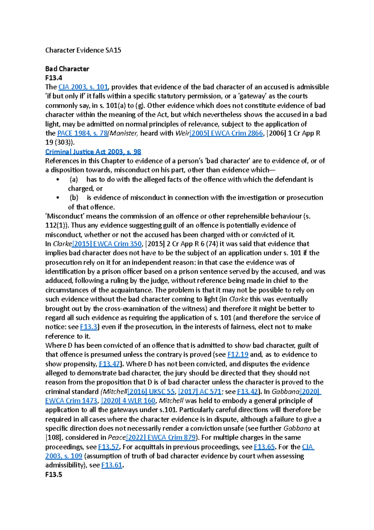 Character Evidence SA15 - Character Evidence SA Bad Character F13. The ...