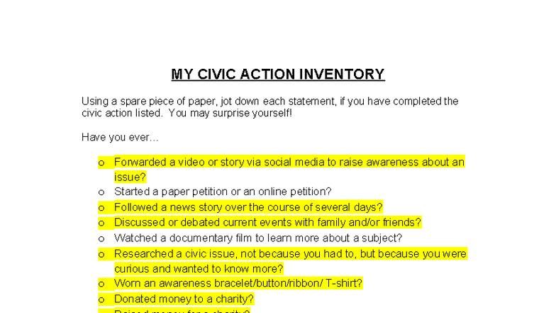 CIVIC ACTION INVENTORY: Student Questionnaire on Engagement Activities ...