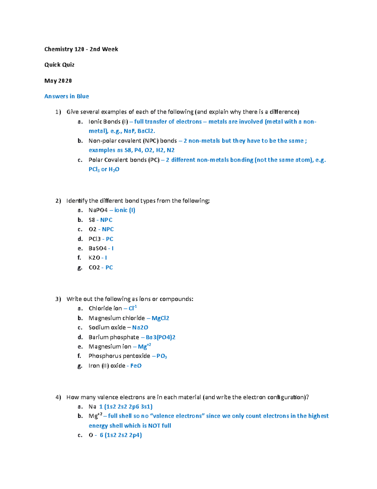 Chemistry 120 - Answers to Quick Quiz Week 2 May 2020 - Chemistry 120 ...